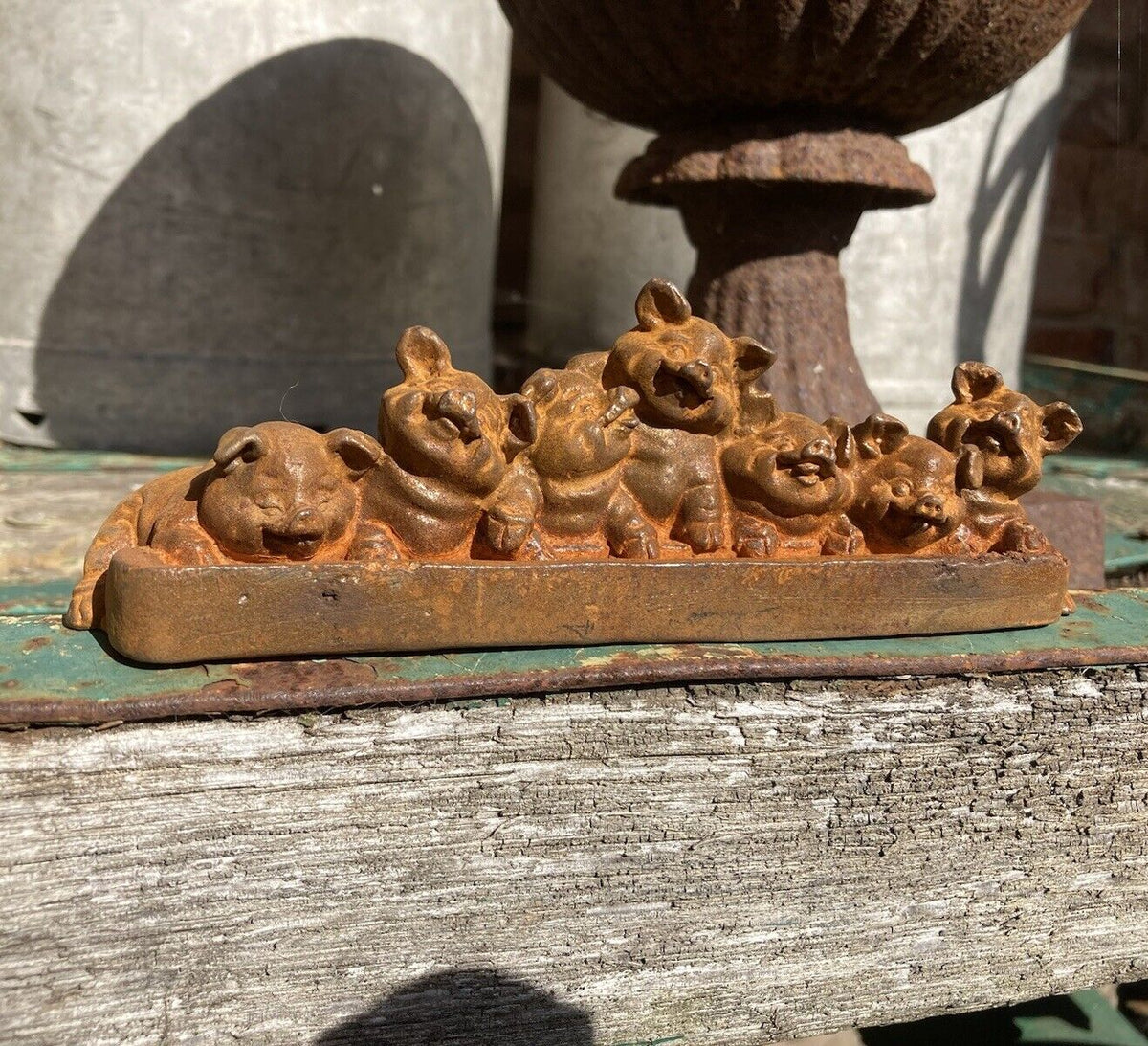 RUSTY CAST IRON SMALL PIGS IN TROUGH ORNAMENT – Ferney Heyes Garden ...