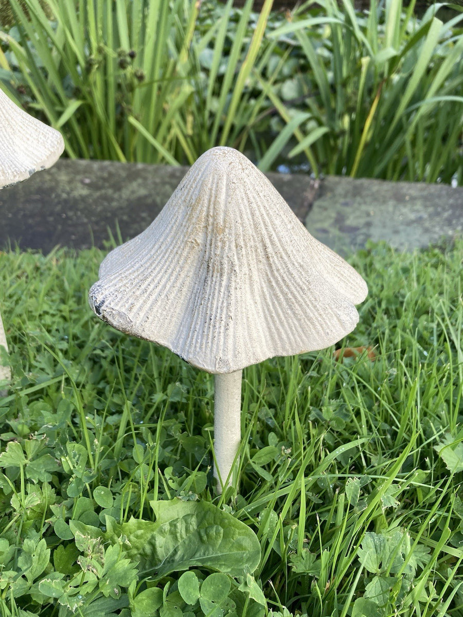 PAIR OF SMALL METAL CAST IRON TOADSTOOLS MUSHROOM STAKE GARDEN ORNAMEN ...