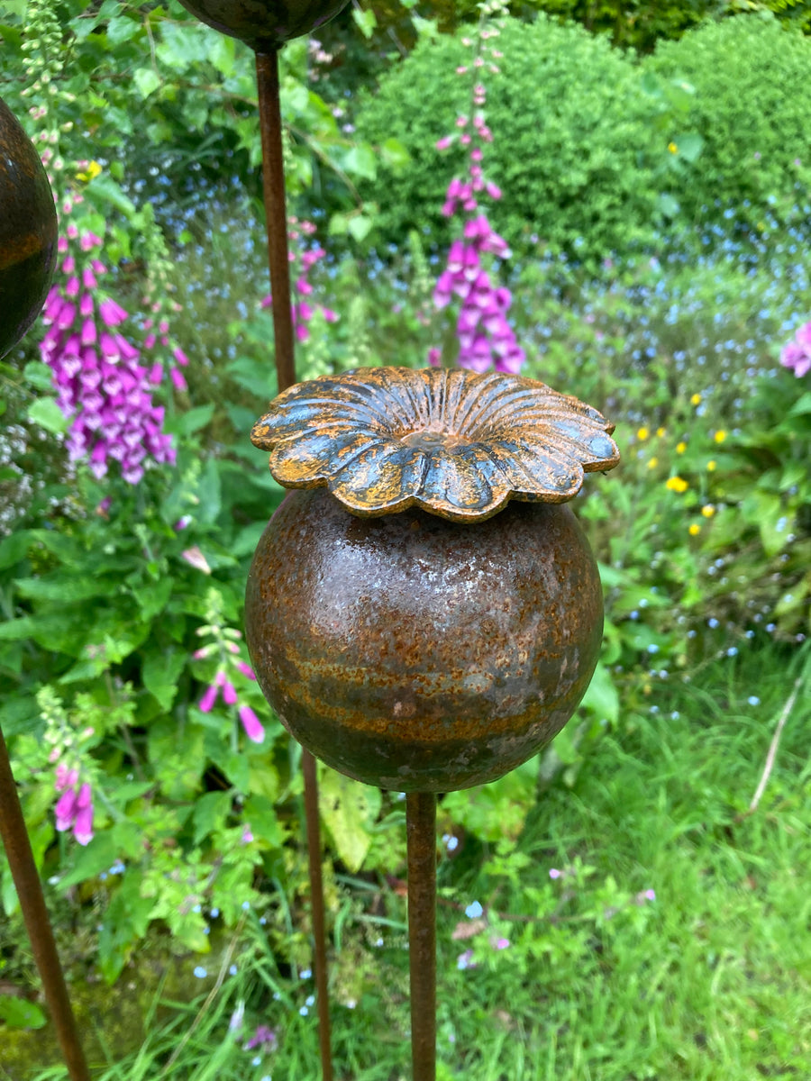 SET OF 3 TALL RUSTY LARGE METAL POPPY STAKES GARDEN PLANT SUPPORTS ORN ...