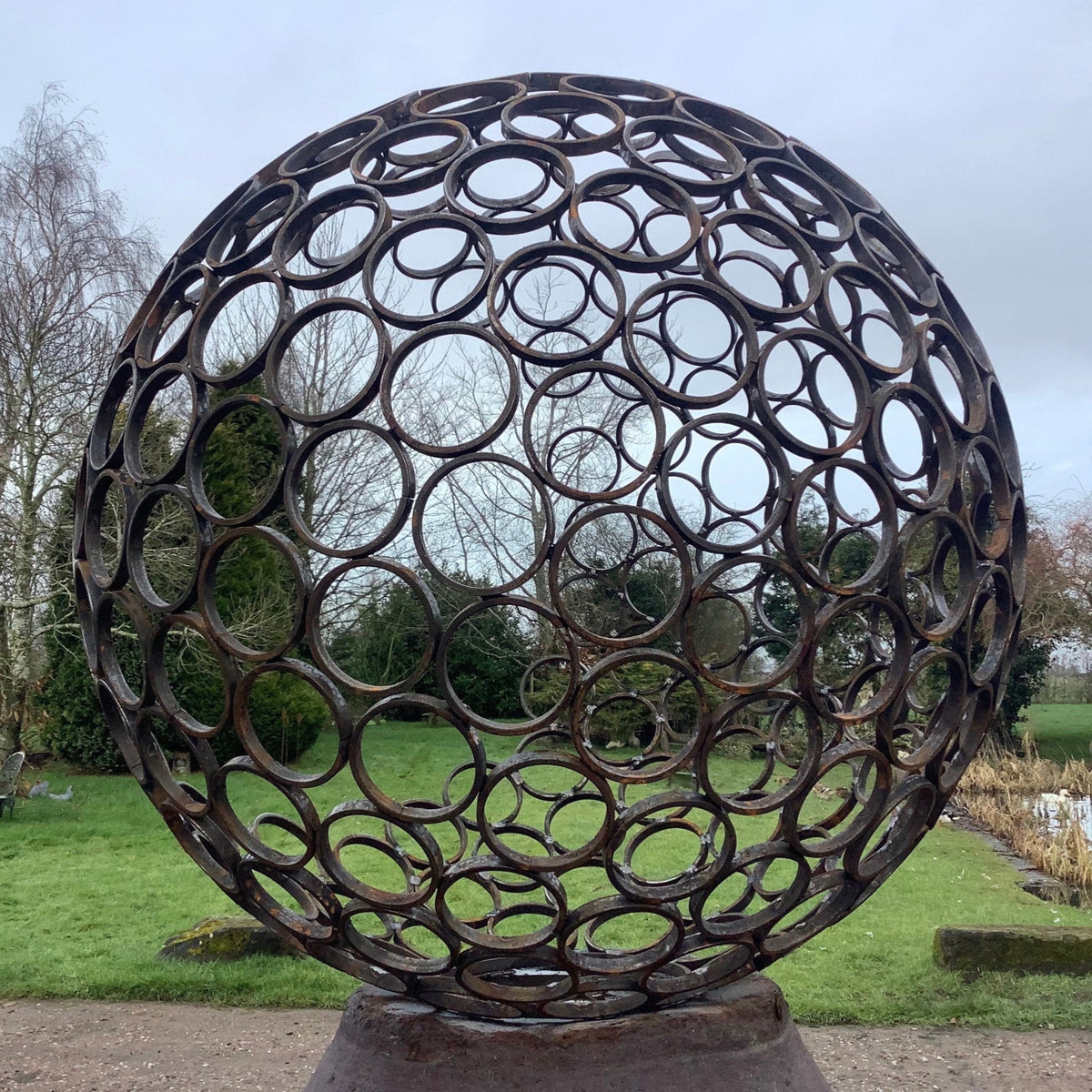 LARGE 90CM RUSTY METAL GARDEN MODERN ART OPEN SPHERE ORB ORNAMENT SCUL ...