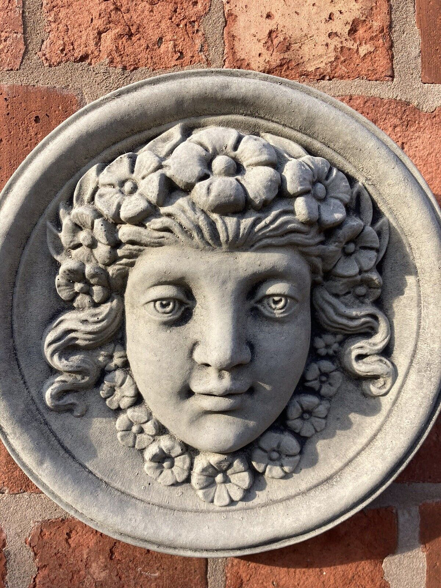 STONE GARDEN CIRCULAR FLORAL LADY FACE ROUNDEL SUMMER FLOWER GIRL WALL ...