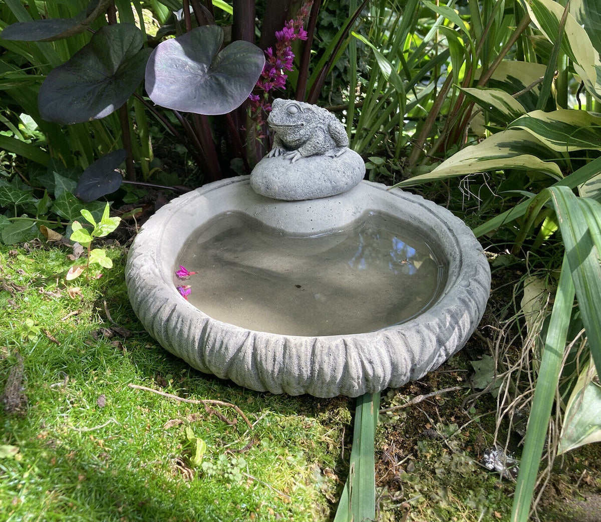 STONE GARDEN LOG STYLE BIRD BATH WITH TOAD BIRD FEEDER ORNAMENT ...