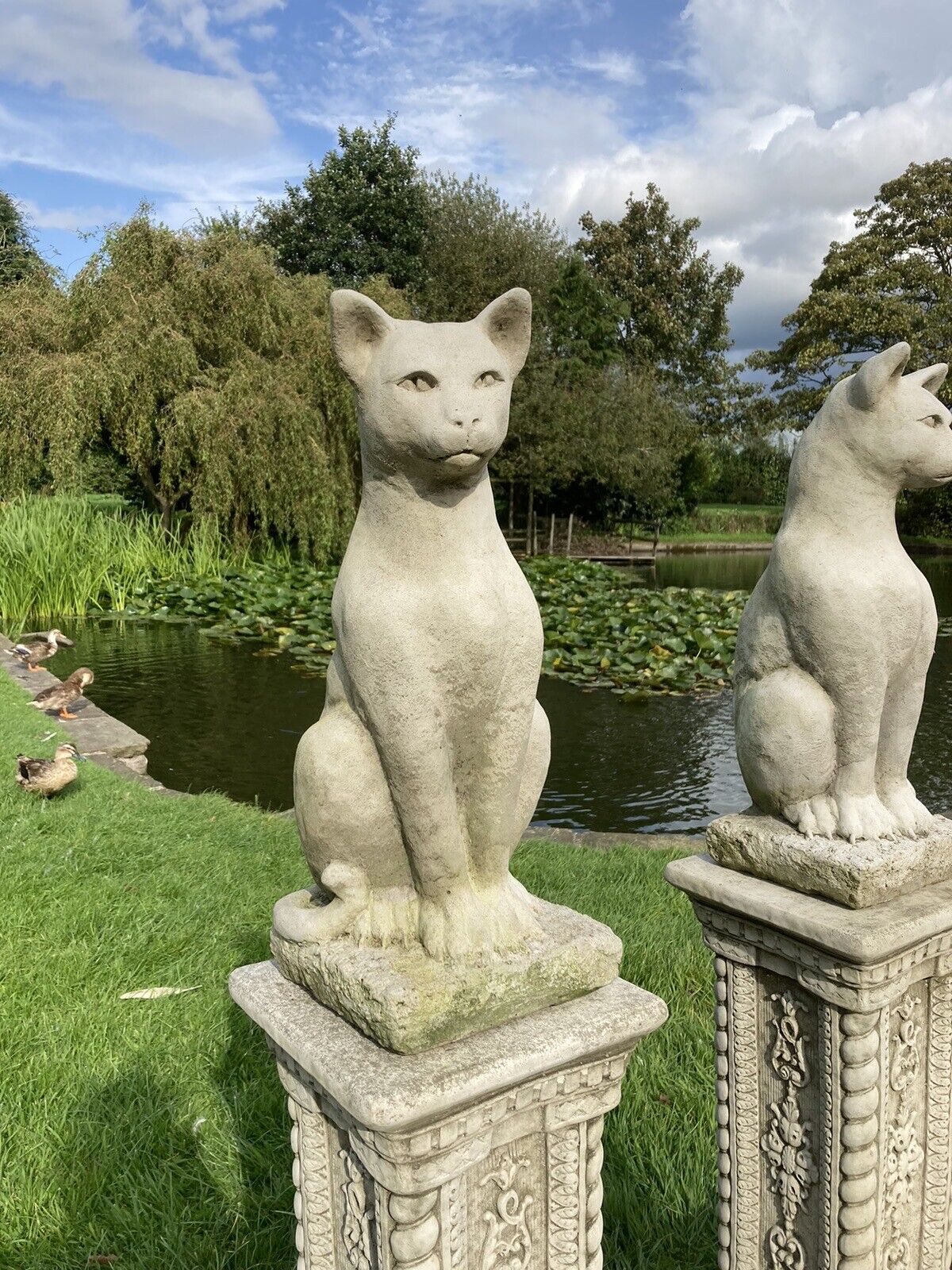 STONE GARDEN PAIR OF LARGE CAT STATUES ON ORNATE PLINTHS CATS ORNAMENT Ferney Heyes Garden Products